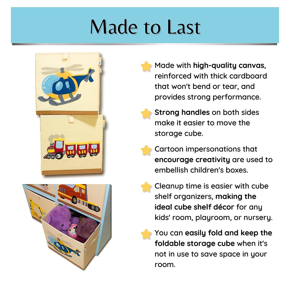 Product 4 Kids - Washable Cube Storage Organizer Bins, Foldable Canvas Toy Organizers and Storage for Toys, Books, Clothes- Kids Storage Bins for Bedroom or Playroom-13x13x13 Inch (Helicopter)