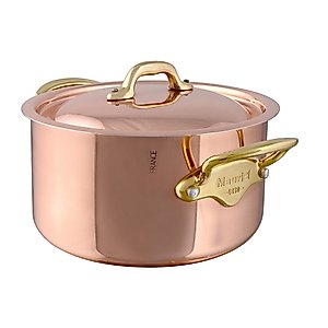 Mauviel M'150 B 1.5mm Polished Copper & Stainless Steel Stewpan With Lid, And Brass Handles, 0.9-qt, Made in France