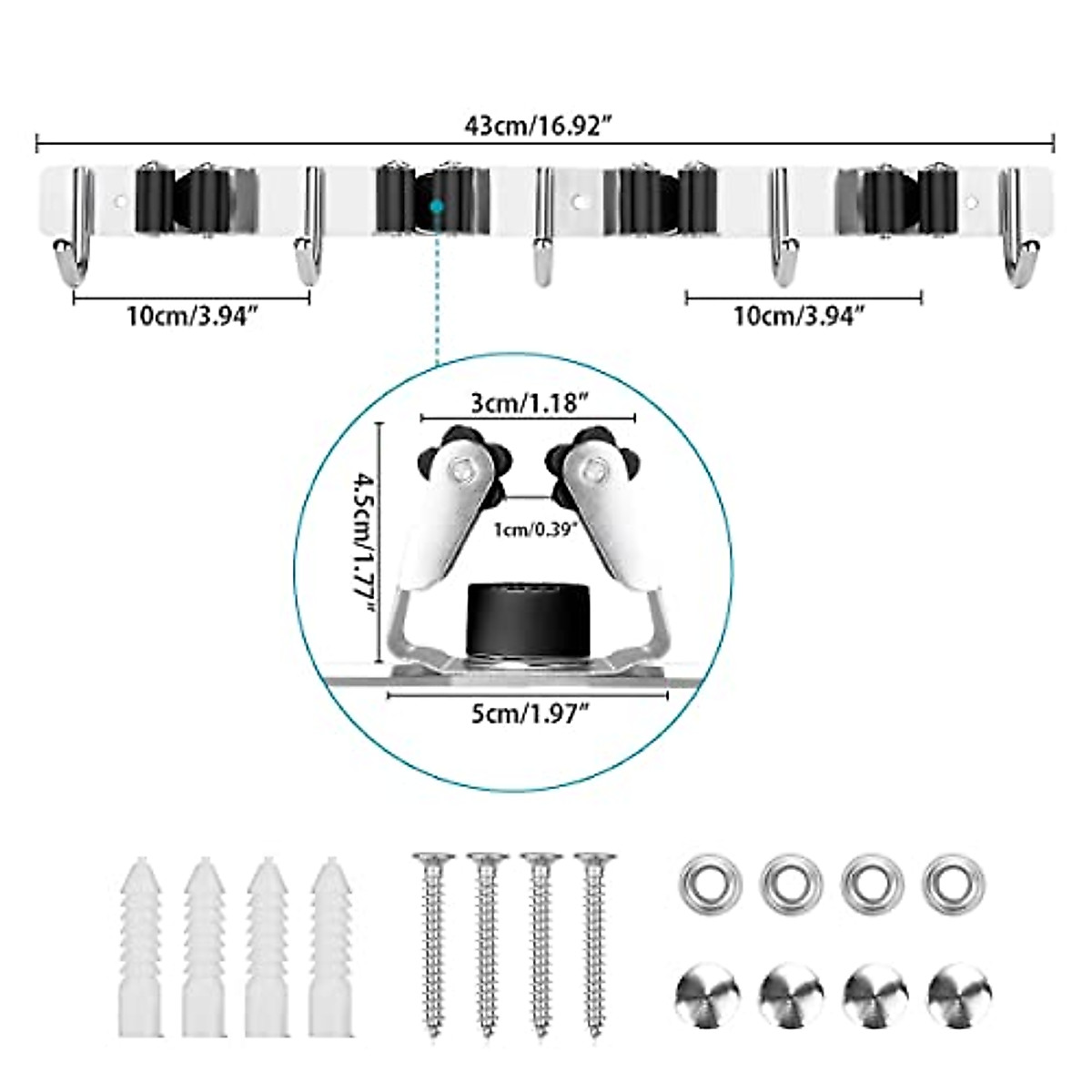SHYOSUCCE Mop Broom Holder Wall Mount with 4 Racks and 5 Hooks, 304 Stainless Steel Broom Organizer for Garden Garage Kitchen Bathroom (Black)
