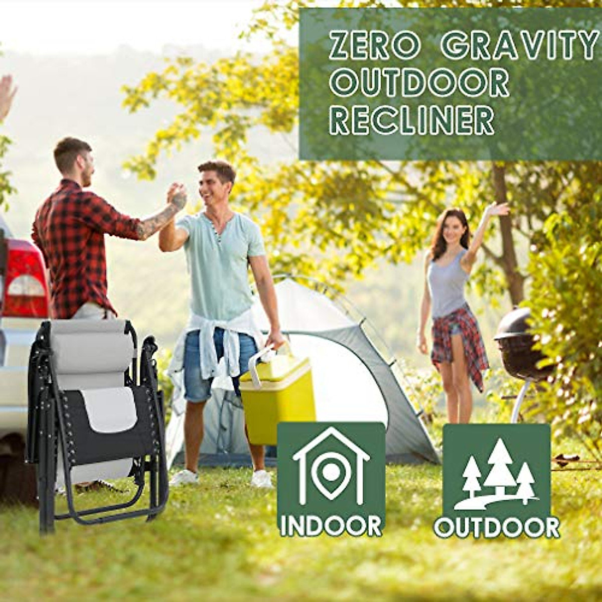 FDW Oversized Padded Zero Gravity Chair Lounge Chair Outdoor Patio Recliner with Cup Holder Adjustable Headrest for Patio Pool Deck Camping Support 380lbs (1, Grey)