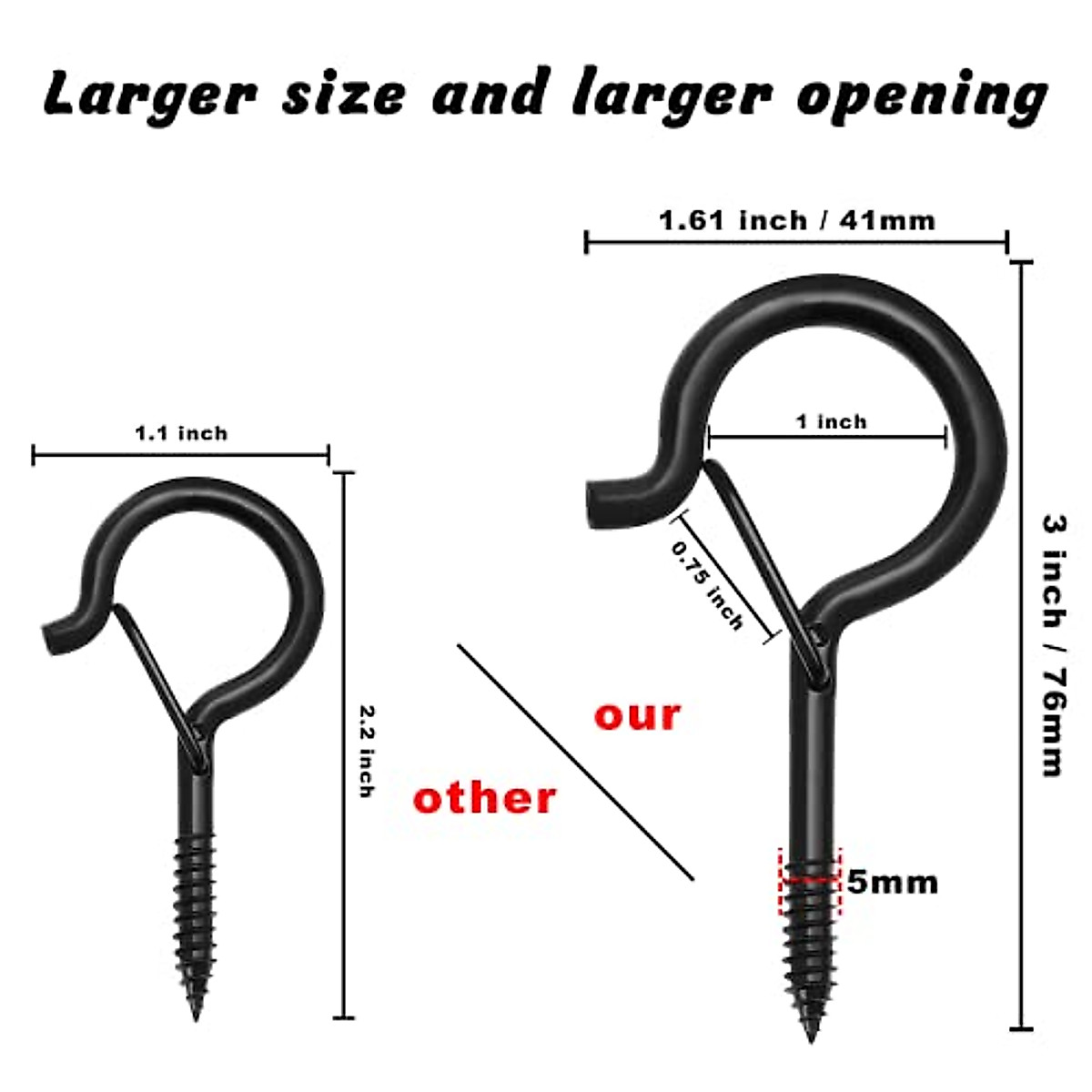 Ansxiy 10 PCS 3 inches Q-Hanger Hooks with Safety Buckle, Screw Hooks for Outdoor String Lights, Ceiling Hooks for Hanging Plants, Black