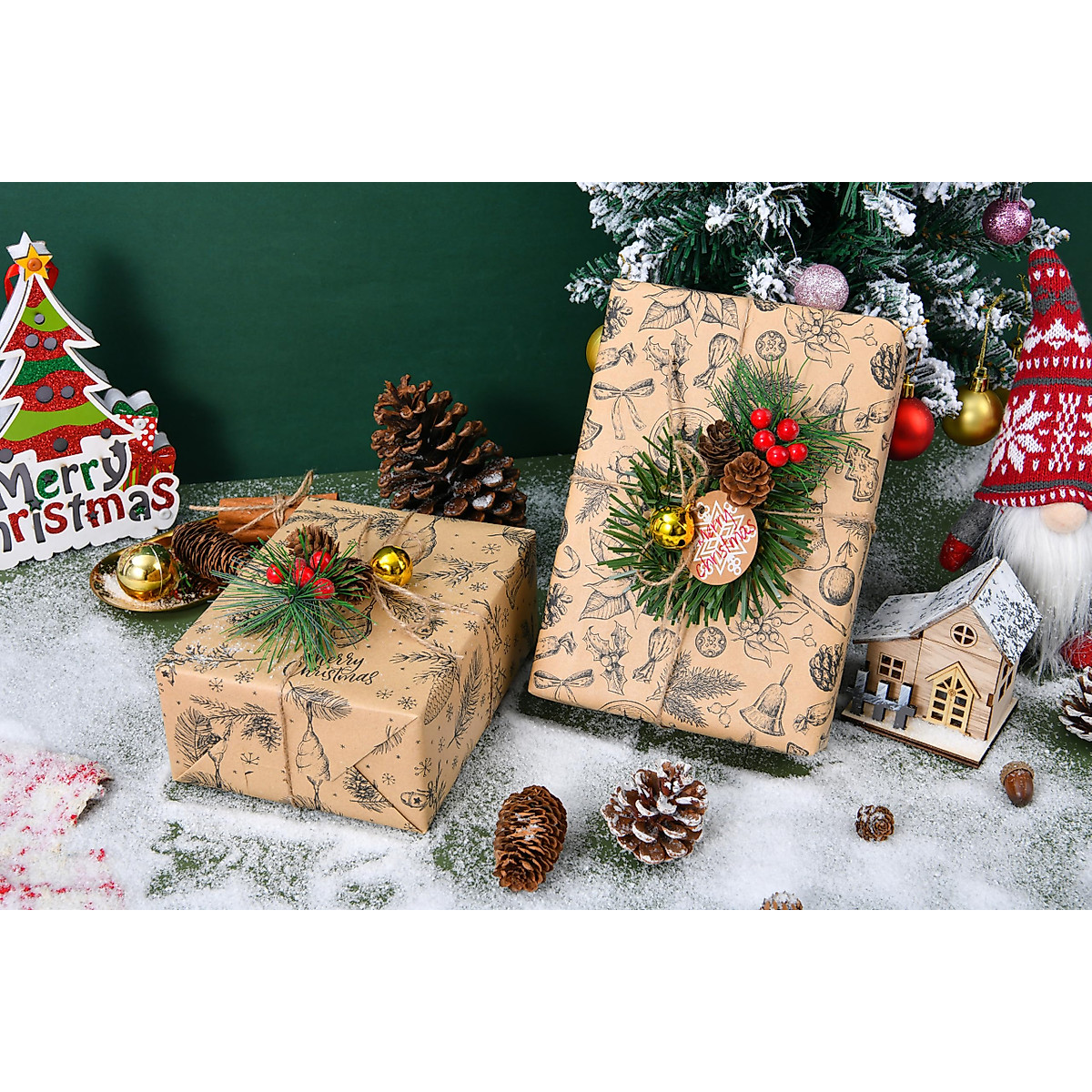 Titiweet Vintage Christmas Wrapping Paper Roll - Mini Roll 17" X 120" Kraft Christmas Wrapping Paper, 3 Rolls Aesthetic Christmas Wrapping Paper(Vintage Christmas)