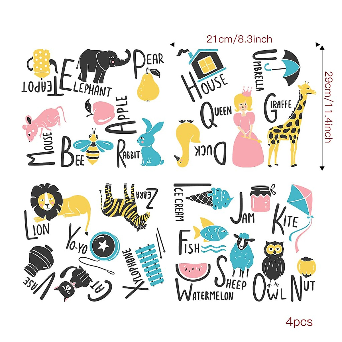 Creative English Alphabet Wall Decals ABC Letter Fruit Animal Stickers Cartoon Children Wall Decals Learning Education Decoration for Kids Nursery Bedroom