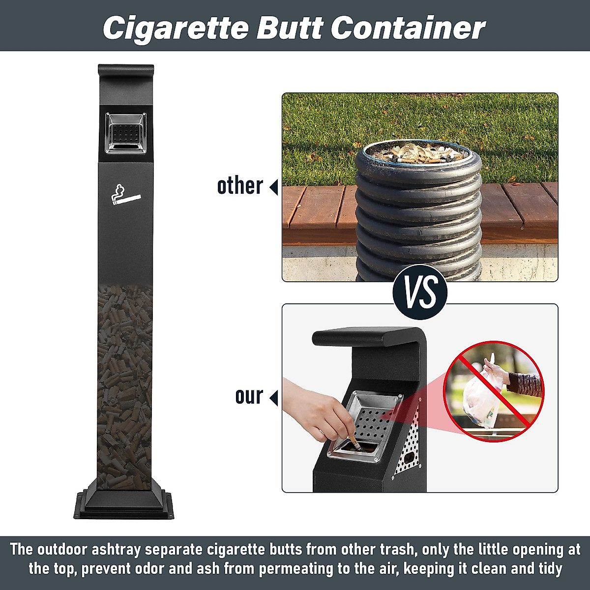 RDUIGT Commercial Butt Receptacle Outdoor Trash Can Black Standing Vertical Ash Bin for Porch Backyard Garage Hotel Driveway Bar