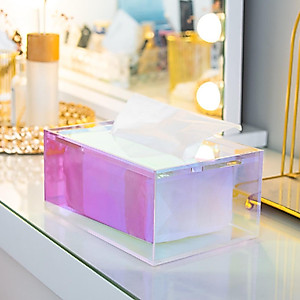 YESBAY Iridescent Acrylic Storage Box with Handle Acrylic Tray Vanity Organizer Case Hollow Multi-Functional Desktop Makeup Tray Basket Organizer Tissue Holder for Bathroom Countertop Bedroom C