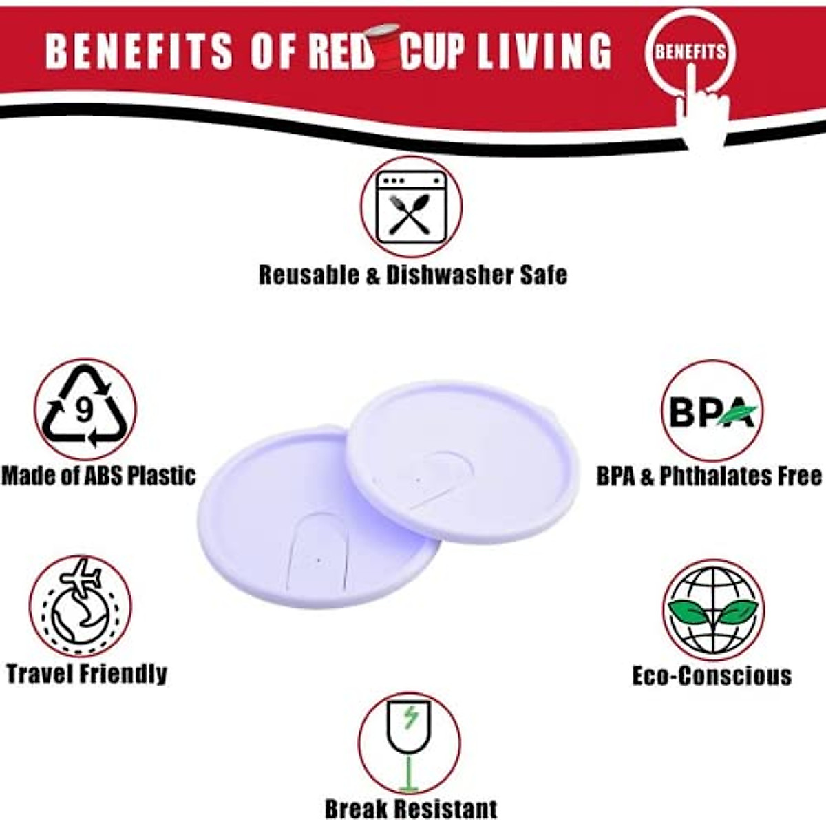 Red Cup Living Red Party Cups Lids- 32 oz, Reusable Plastic Lid, Hot Cup & Mugs Cover, Outdoor Drink Cover- Travel, Office & School, Eco-Friendly & Dishwasher Safe, Double Wall Design, Set of 2