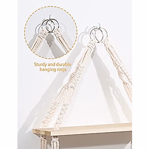 Sonefreiy Macrame Hanging Shelves 2 Tier, Natural Wood Farmhouse Window Plant Shelves Boho Wall Shelf with Hooks & Hardwares,for Bedroom Bathroom Kitchen Living Room