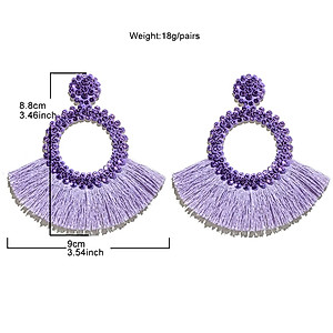 Handmade Bohemian Tassel Crystal Statement Drop Dangle Earrings for Women Hoop Fringe Lightweight Ear Jewelry Summer Accessories (Purple)