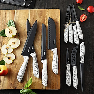 Keewah 19 Pieces Kitchen Knife Set, 15 Stainless Steel Knives with Wood Texture Handle, Acrylic Stand, Scissors, Peeler and Knife Sharpener