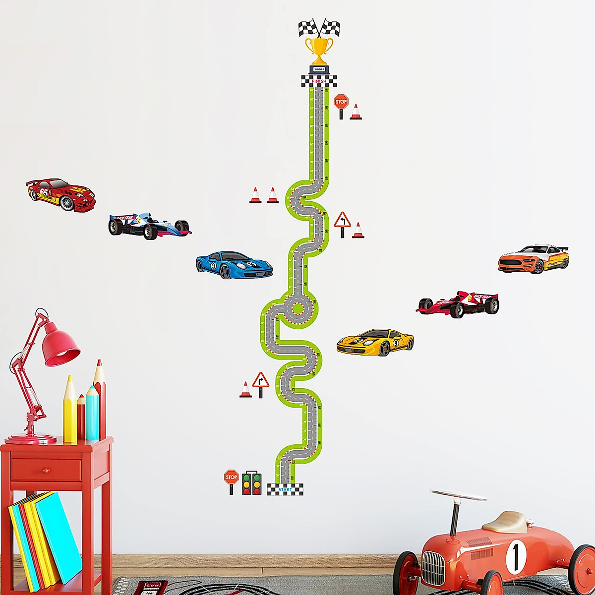 DECOWALL DA-1911 Racing Track Height Growth Chart Kids Wall Stickers Wall Decals Peel and Stick Removable Wall Stickers for Kids Nursery Bedroom Living Room d?cor