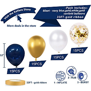 Navy Blue and Gold Confetti Balloons, 60 pcs 12 inch Pearl White and Gold Metallic Chrome Party Latex Balloon with 33 Ft Gold Ribbon for Birthday,Wedding and Celebration Graduation Decoration