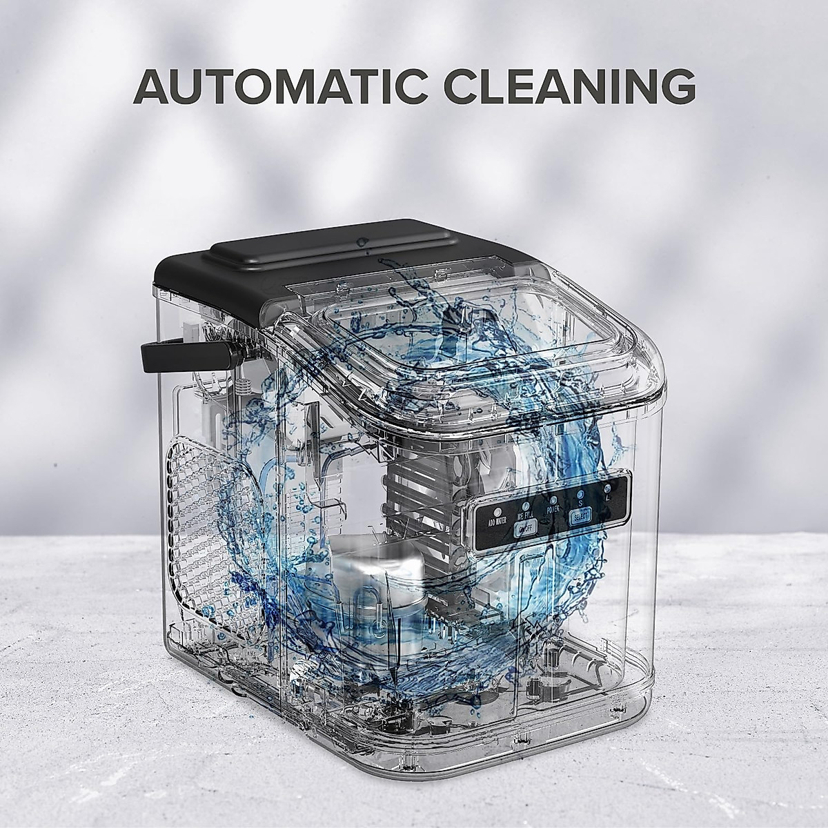 Ice Maker Countertop ZAFRO, Self-Cleaning Ice Machine with Ice Scoop and Basket, 26.5lbs/24h, 2 Sizes of Bullet Ice Cube, Black-Gold, Ideal for Home, Kitchen, Party, Dormitory.