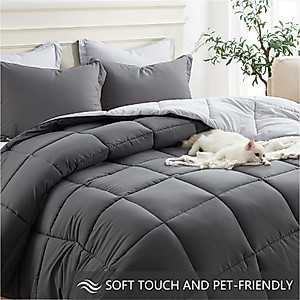 Homelike Moment Queen Comforter Set Grey, Comforters Queen Size Set, Soft Lightweight Down Alternative Bed Comforter Full Size Reversible All Season 3 Pieces Bedding Sets Grey/Light Gray