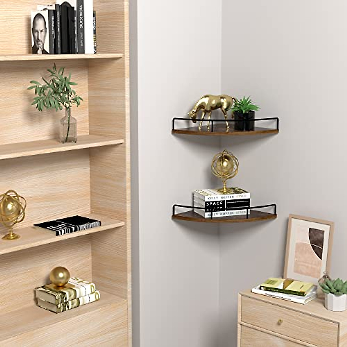Yelinkws Corner Shelf Wall Mount,Set of 2 Floating Corner Shelves, Corner Wall Shelves with Fence,Rustic Corner Floating Shelves,Wood Corner Shelves(12inch)