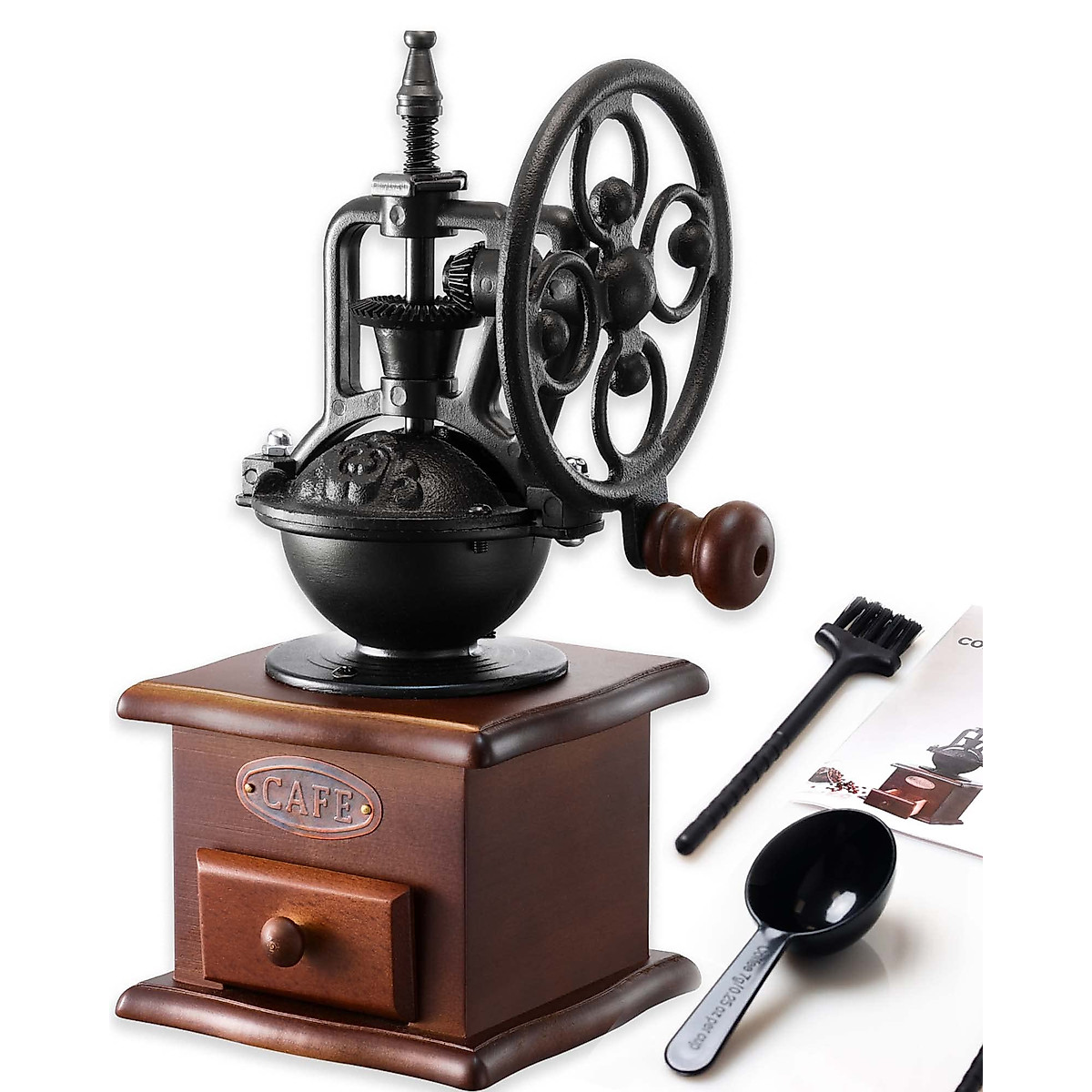 Manual Coffee Grinde, Vintage Style Wooden Hand Coffee Grinder/Antique Cast Ceramic Roller Classic French Press Coffee Mill/Hand Crank Coffee Grinders With Brush&Spoon