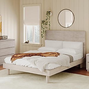 P PURLOVE Platform Bed Full with Headboard, Modern Concise Style Solid Wood Grain Platform Bed Frame with Slats, Wooden Platform for Bedroom, Guest Room (Stone Gray)