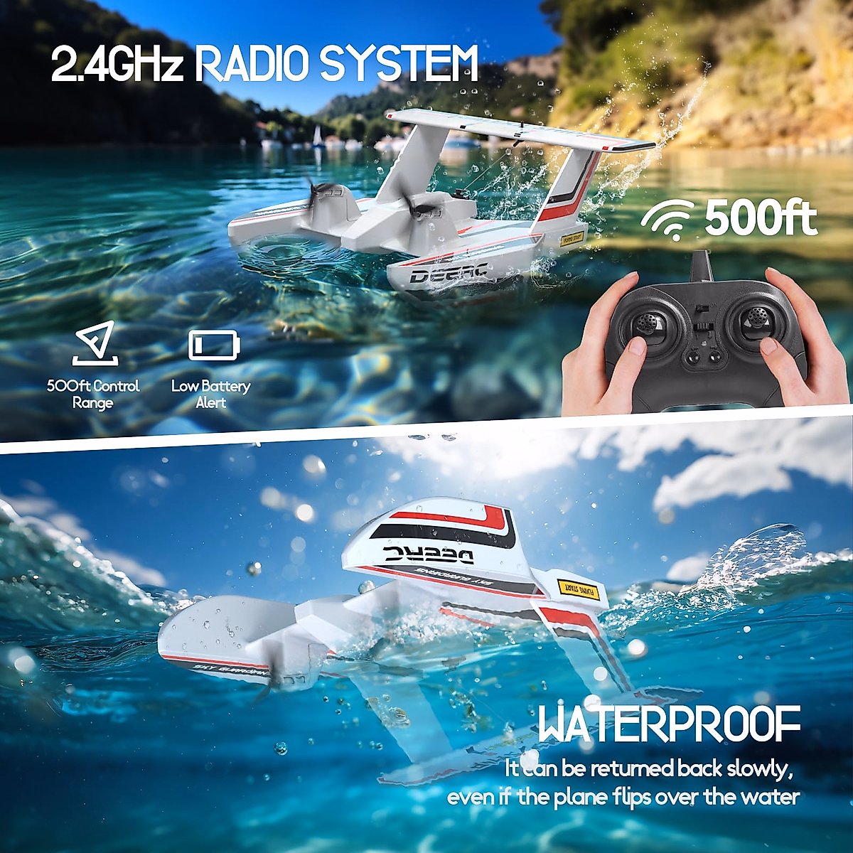 DEERC RC Plane for Water Land & Air, Amphibious Tri-Phibian Aircraft, 3CH Remote Control Plane W/ 2 Batteries, 2.4GHz RTF Airplane Glider for Boy Girl