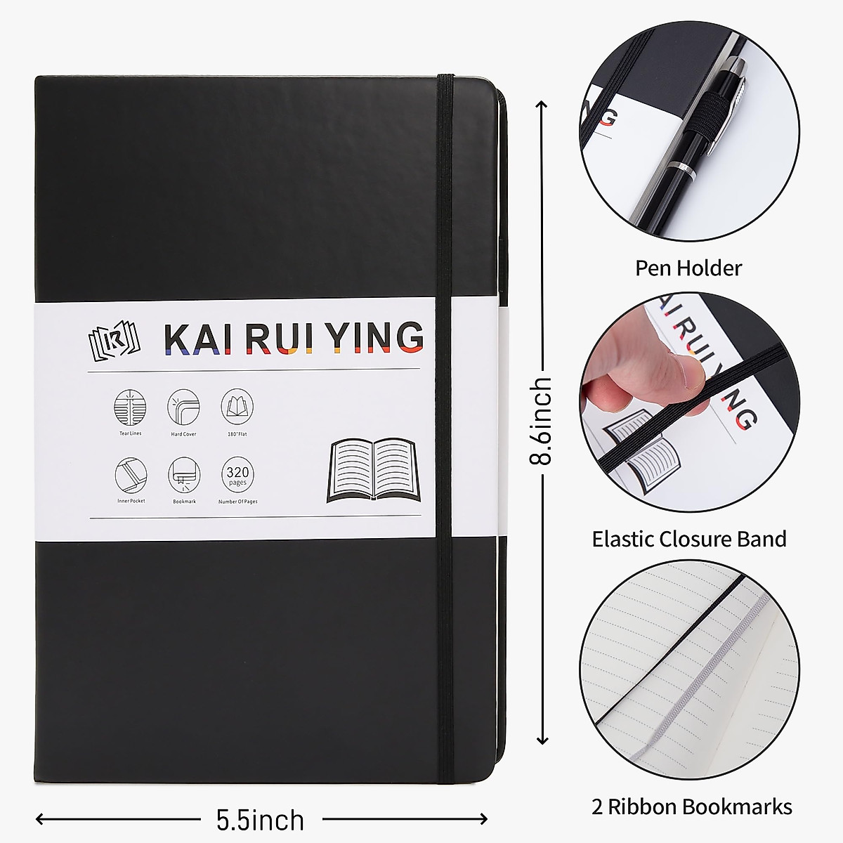 KaiRuiYing Journal Notebook with Pen Holder, A5 Hardcover Notebooks for Work, College Ruled Notebook for School, Lined Journal for Writing, 100Gsm Premium Thick Paper with Inner Pocket, Medium 5.7"x8.4" (1Pack, Black)