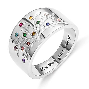 Getname Necklace Personalized 1-20 Birthstone Family Tree Ring Tree of Life Family Rings for Mom Grandmother - Custom Jewelry Gift for Her Sterling Silver Birthstone Ring Sterling Silver/Brass