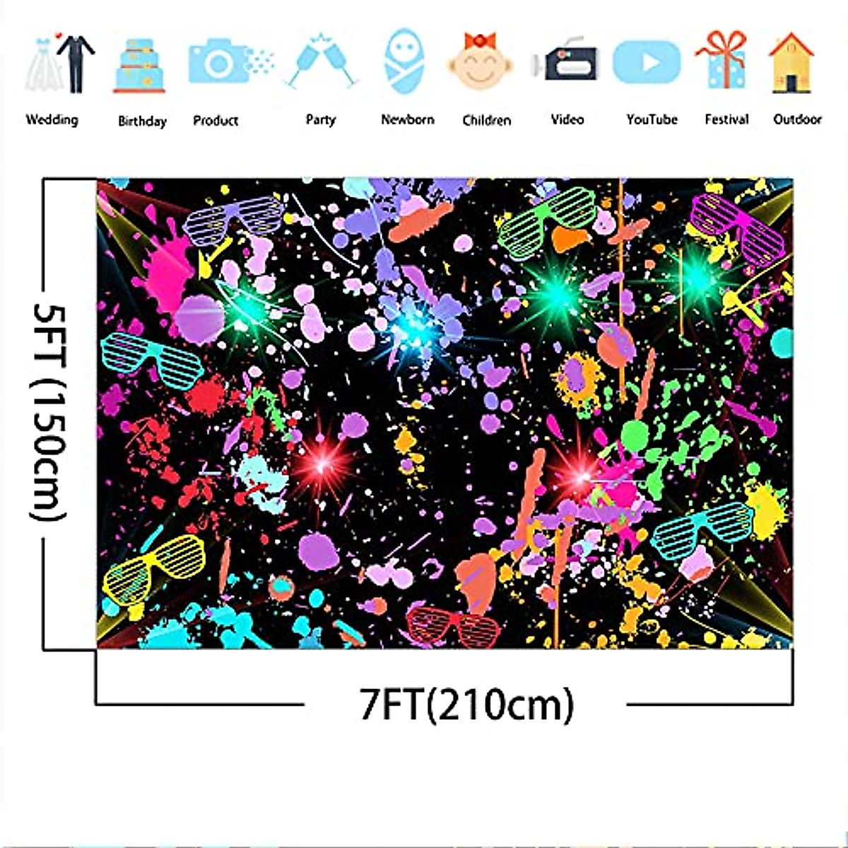 Avezano Neon Glow in The Dark Backdrop Paint Splatter Graffiti Glow Party 80s 90s Themed Birthday Background Colorful Neon Party Birthday Backdrops Photo Studio Props (7x5)