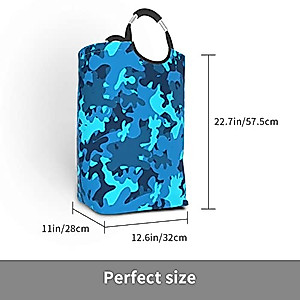 Foldable Square Laundry Hamper Blue Camouflage Portable Folding Washing Bin Waterproof Collapsible Laundry Bag 50L Large Clothes Storage Basket with Handles for Home Bedroom