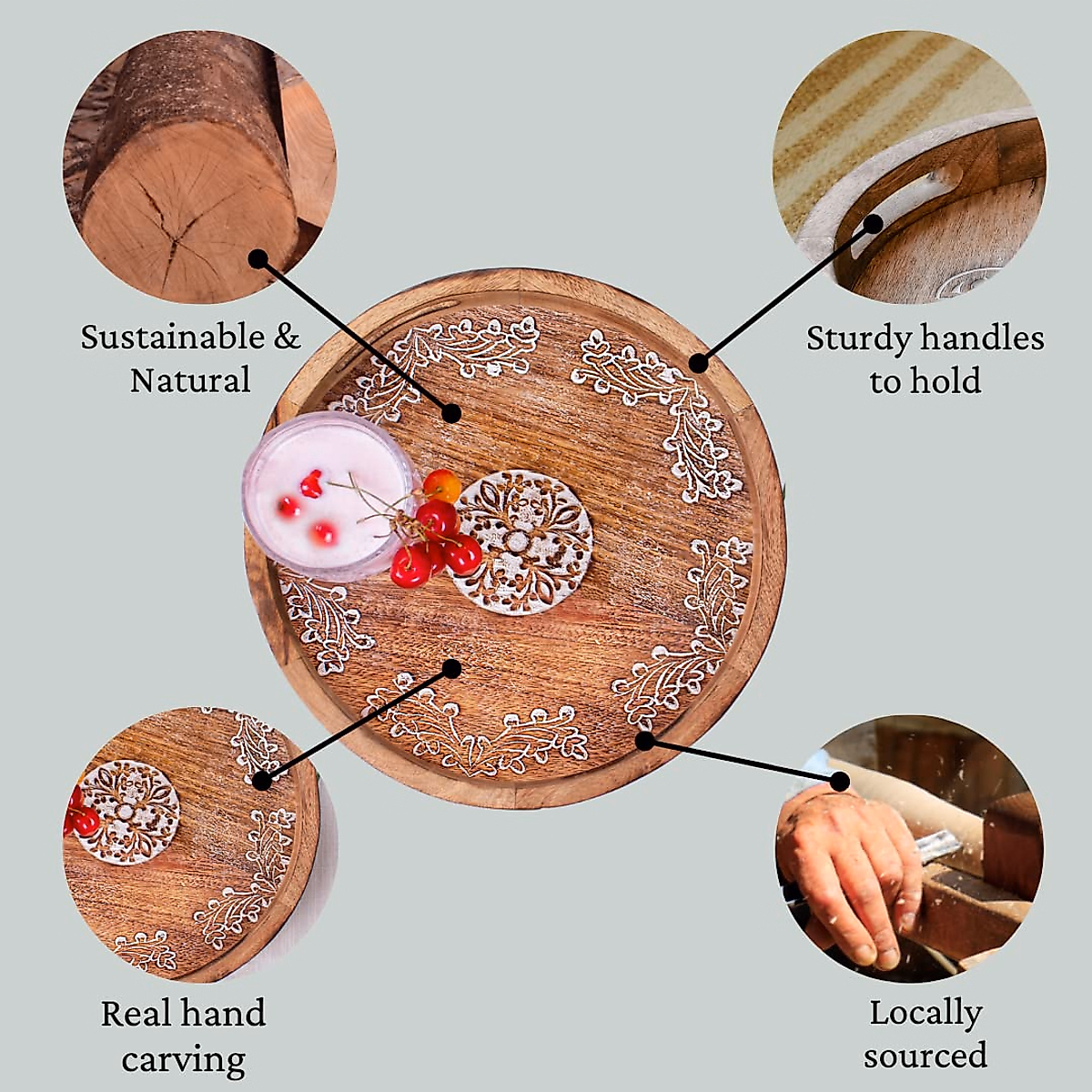 ARIJA Rustic Round Wooden Trays,Serving Tray with Handles - Food Serving Trays Ottoman Tray for Living Room- Rustic Home décor, Boho Décor Serving Tray Size 12 inch