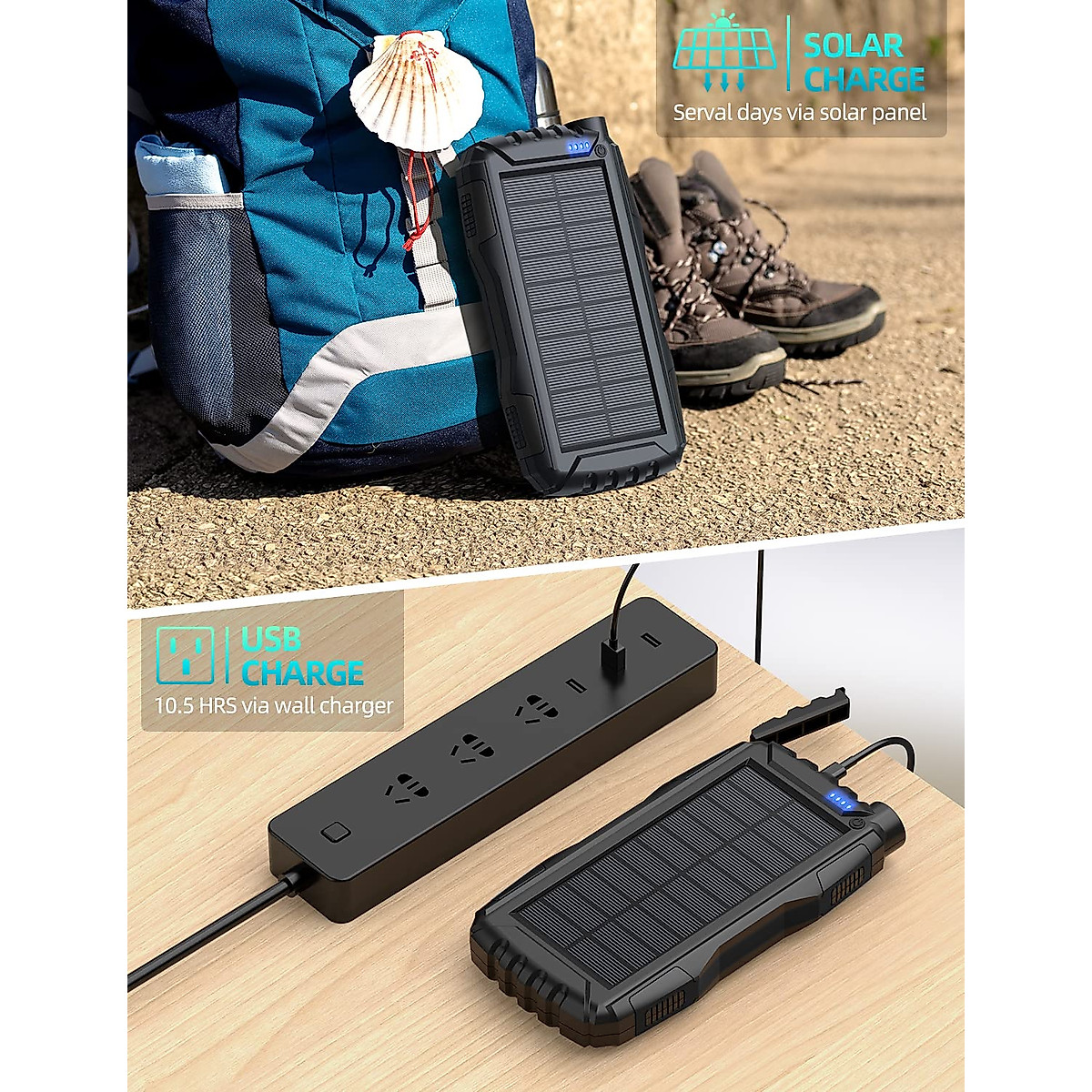 Power-Bank-Solar-Charger - 42800mAh Portable Charger,Solar Power Bank,External Battery Pack 5V3.1A Qc 3.0 Fast Charger Built-in Super Bright Flashlight (Deep Black)