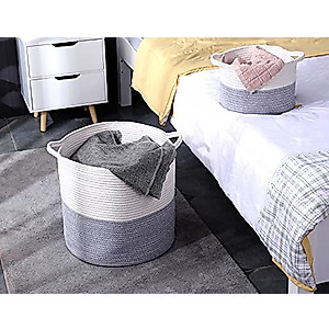 MRECHIR 2pc Large Woven Cotton Rope Basket with Handles 18" x 15" Laundry Hamper - Blanket Basket Living Room - Basket for Toys-Decorative Baskets for Storage - Pillow Basket - White&Grey