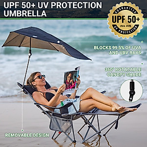 #WEJOY 2-in-1 Reclining Camping Chair with Removable Umbrella Lightweight Folding Camping Chair with Adjustable Backrest & Footrest Portable Patio Lounge Chair with Headrest, Cup Holder for Outdoor