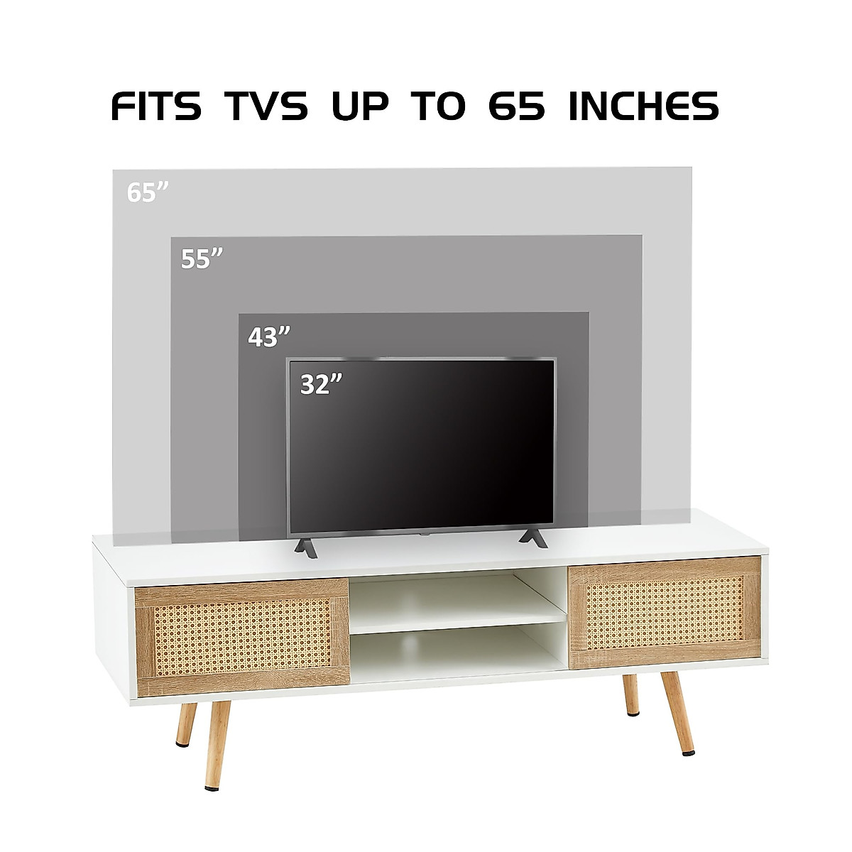YOUGUO Rattan TV Stand for 65 Inch TV, Boho Entertainment Center with Natural Rattan Sliding Doors & Adjustable Shelf, Wood TV Media Console for Living Room, White