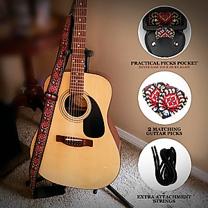 Guitar Strap For Acoustic Guitars , Electric Guitars and Bass , Red Vintage Woven Embroidered Adjustable Strap Includes 2 Strap Locks To Keep Your Guitar Safe & 2 Unique Picks and Pick Pocket