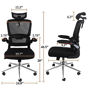 Mesh Ergonomic Swivel Office Chair with Flip Up Arms and Lumbar Support, High Back Desk Chair, High Adjustable Headrest, Tilt Function, Computer Chair, Executive Chair for Home Office(Black)
