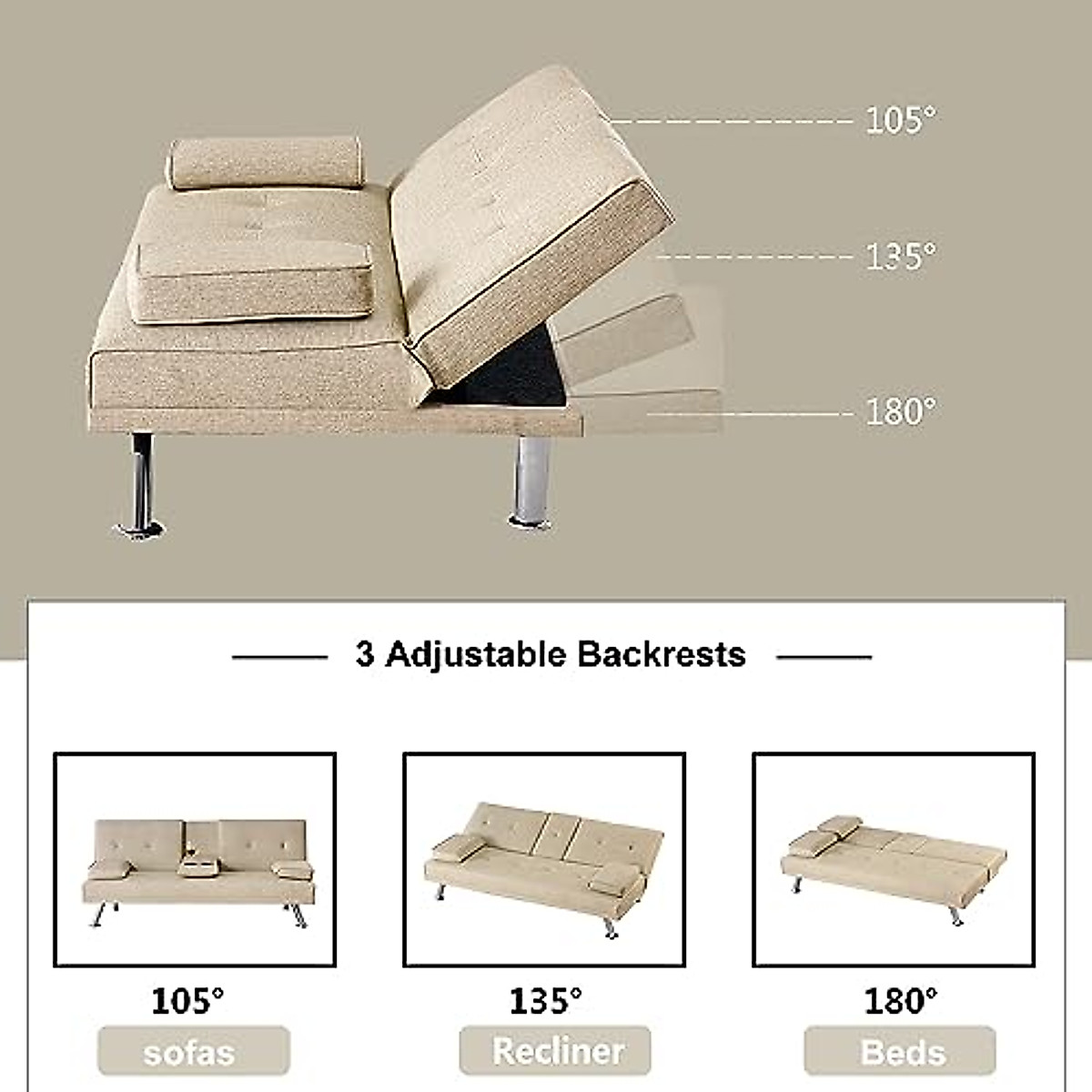 JCSTEU 67" Leather Sofa Bed with Cup Holder, Folding Sleeper Loveseat Couch with Adjustable Backrests, Convertible Loveseat Sofa for Living Room, Apartment,600 LBS Support (Beige)