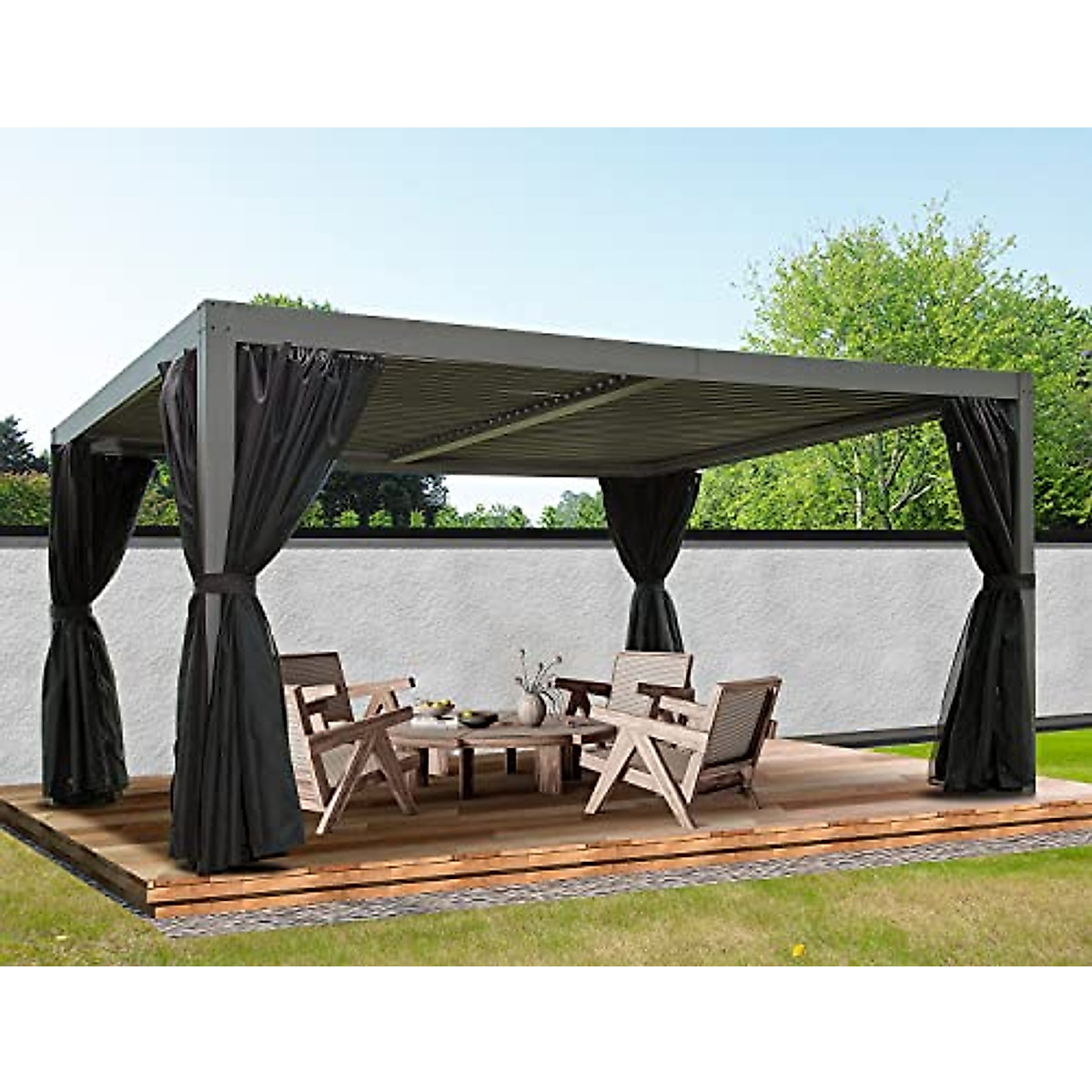 Domi Louvered Pergola 10' × 13', Outdoor Aluminium Pergola with Adjustable Roof, Curtains and Netting, Hardtop Gazebo for Patio, Deck, Garden, Yard, Beach(Gray)