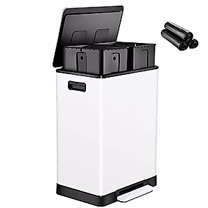 ToiletTree Products White Stainless Steel Step Trash Can - 16 Gallon Garbage Bin with Soft Close Lid - Dual Compartment Waste Can with 30 Liters Capacity in Each - Recycling Bin