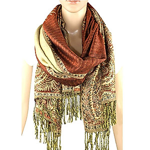 SILVERFEVER Luxurious Double Layered Jacquard Big Paisley Pashmina Shawl Wrap Scarf (Medium Brown)
