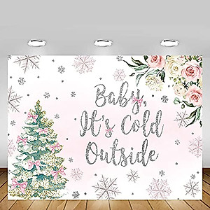 MEHOFOND Baby It's Cold Outside Backdrop Girl Baby Shower Party Decorations Silver Snowflake Winter Wonderland Photo Booth Banner Christmas Tree White Blush Pink Floral Background 7x5ft
