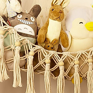 TCGPRO Stuffed Animal Toy Storage Hammock with LED Light-Macrame Jumbo Doll Room Corner Organizer Mesh Decoration-Hanging Storage Nets Kids Bedroom(Beads), Beige
