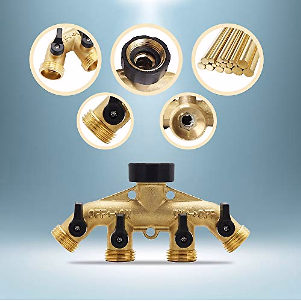 Splittars​ 4 Way Garden Hose Splitter 100% Solid Brass Outdoor Faucet Spigot Splitter, Water Hose Splitter, Hose Manifold, 4 outlets, independent on/off valves, 4 rubber washers, 3/4” Hose Connector