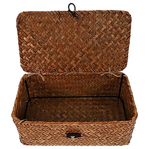 Gatuida Rectangular Wicker Baskets with Lids, Seagrass Storage Baskets with Button Multipurpose Container for Desktop,Size S