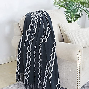 BOURINA Fluffy Chenille Knitted Fringe Throw Blanket Lightweight Soft Cozy for Bed Sofa Chair Throw Blankets, Navy 50" x 60"
