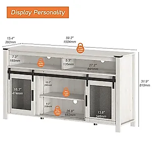 WAMPAT TV Stand for 65+ Inch TV, Farmhouse 32" Tall Highboy Entertainment Center w/Sliding Mesh Doors, Rustic Media Console w/Storage Shelf, Wood Television Stand for Living Room, Antique White