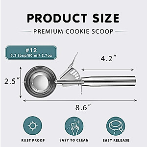 KITEXPERT Ice Cream Scoop, 18/8 Stainless Steel Cookie Scoop with Trigger, Premium Cookie Dough Scooper for Baking, Portion Control Disher Scoop for Cupcake Batter, Muffin, Dishwasher Safe #12
