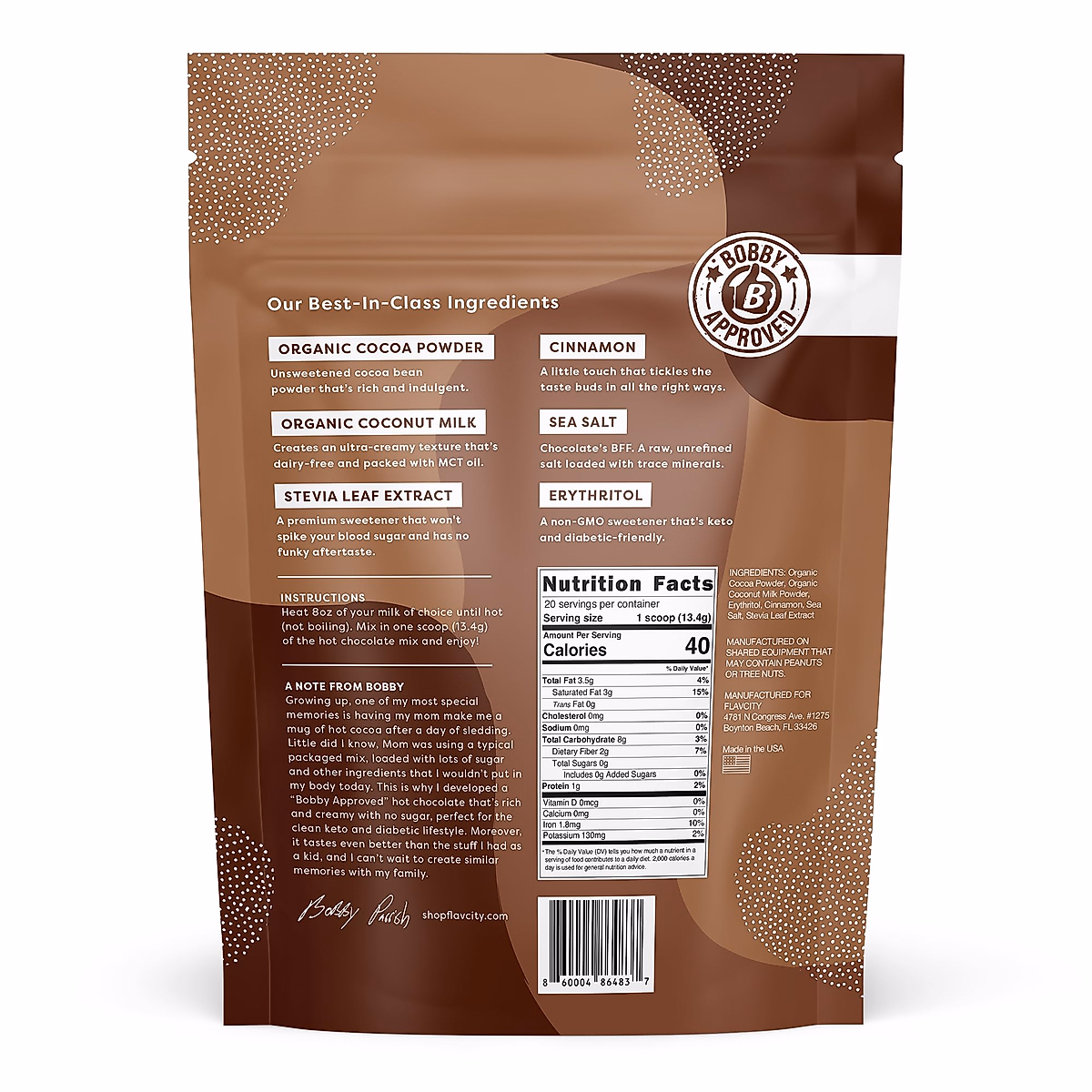 FlavCity Keto Hot Chocolate Powder, Original – Dairy-Free & Sugar-Free Organic Cocoa Powder Drink Mix – High-Fiber, Low-Carb & Gluten-Free Prebiotic - Vegan & Non-GMO (9.4 Oz)