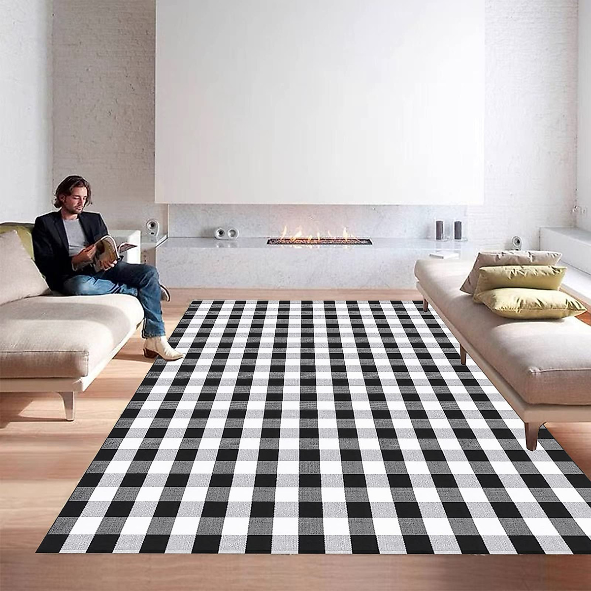Ckorzen Cotton Buffalo Plaid Rug 8x10 FT Reversible Hand-Woven Washable Retro Lattice Checkered Outdoor Rugs Black and White Area Rug for Kitchen, Dining Room, Bedroom, Living Room