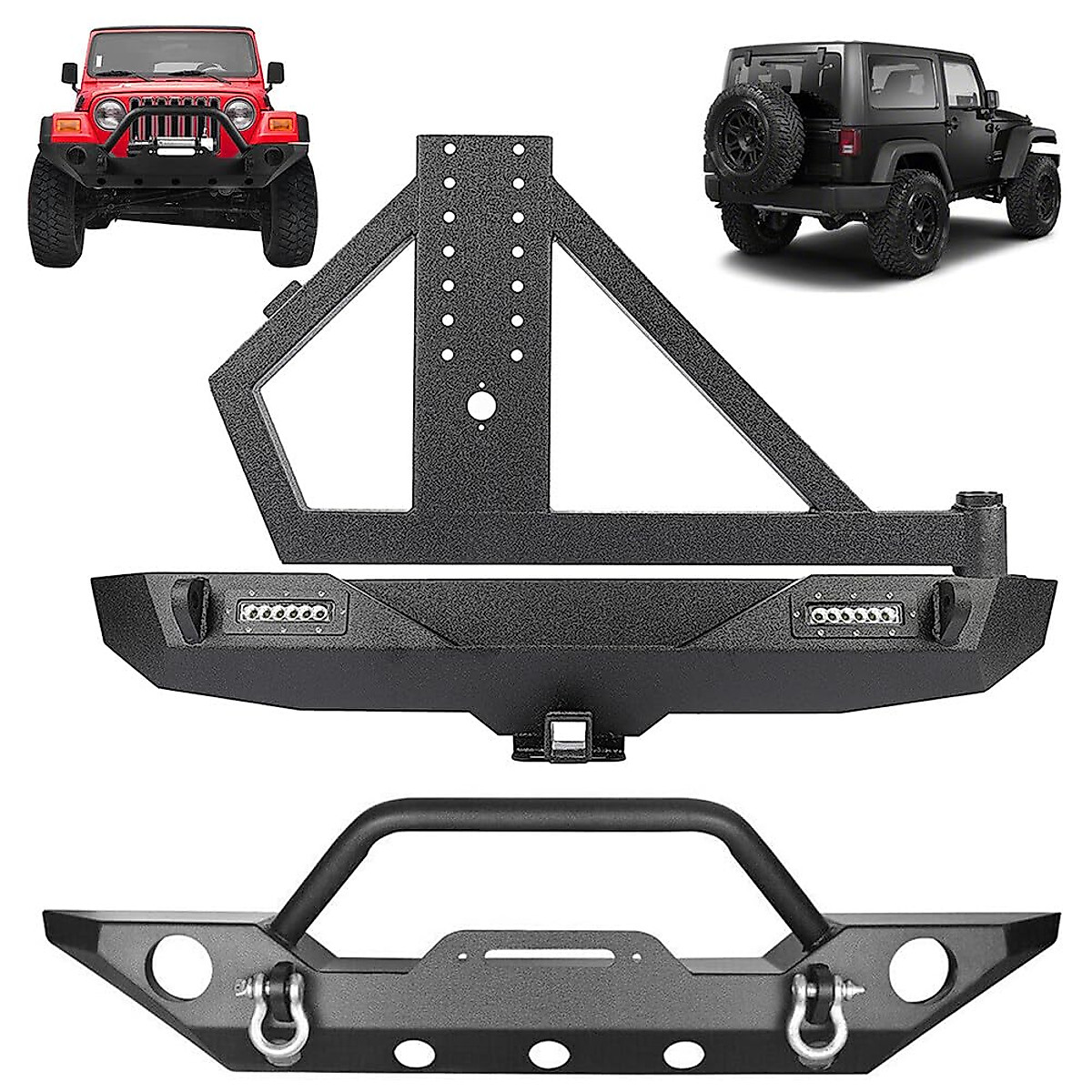 FINDAUTO Rront Bumper and Rear Bumper w/Tire Carrier Compatible for 2007-2018 for Jeep Wrangler JK with D-ring Winch Plate
