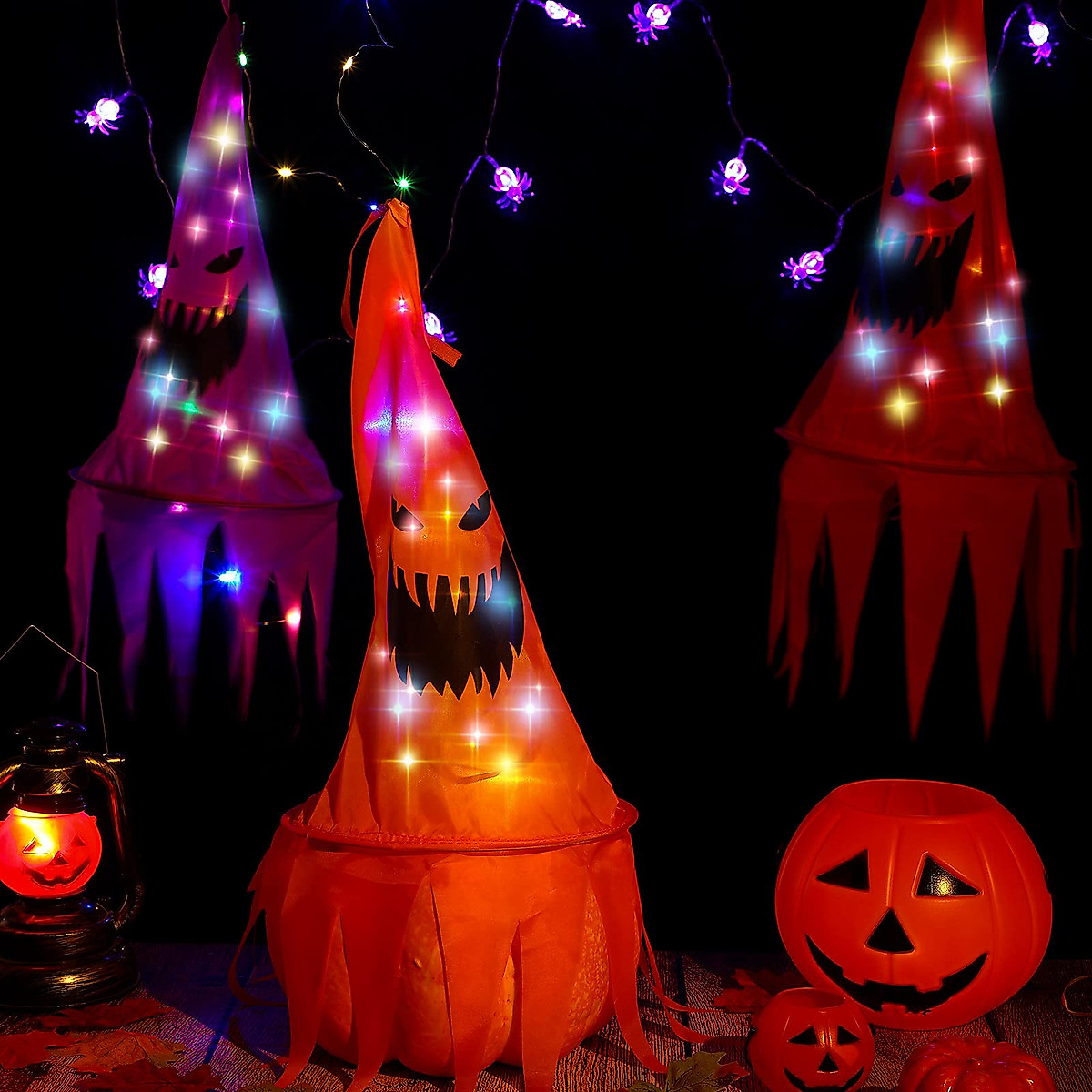 8 Pieces Halloween Witch Hat Decorations Witch Hats String Light Halloween Witch Decorations for Garden, Indoor, Yard, Tree, Party, Suitable for Ages 8 and up(Ghost Style)