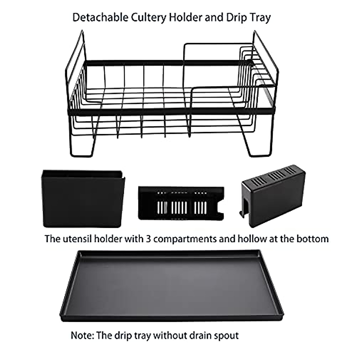Cedilis 3-Piece Dish Drying Rack, Black Dish Drainer with Removable Drip Tray and Utensil Holder, Stylish Dish Rack for Kitchen Countertop