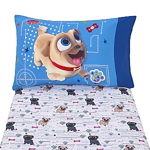 Disney Puppy Dog Pals Puppy Pals Fun White, Blue, & Green 2Piece Toddler Sheet Set - Fitted Bottom Sheet & Reversible Pillowcase, Blue, Green, Grey, White