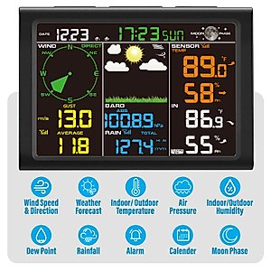 sainlogic Wireless Weather Station with Outdoor Sensor, 8-in-1 Weather Station with Weather Forecast, Temperature, Air Pressure, Humidity, Wind Gauge, Rain Gauge, Moon Phase, Alarm Clock (No WiFi)